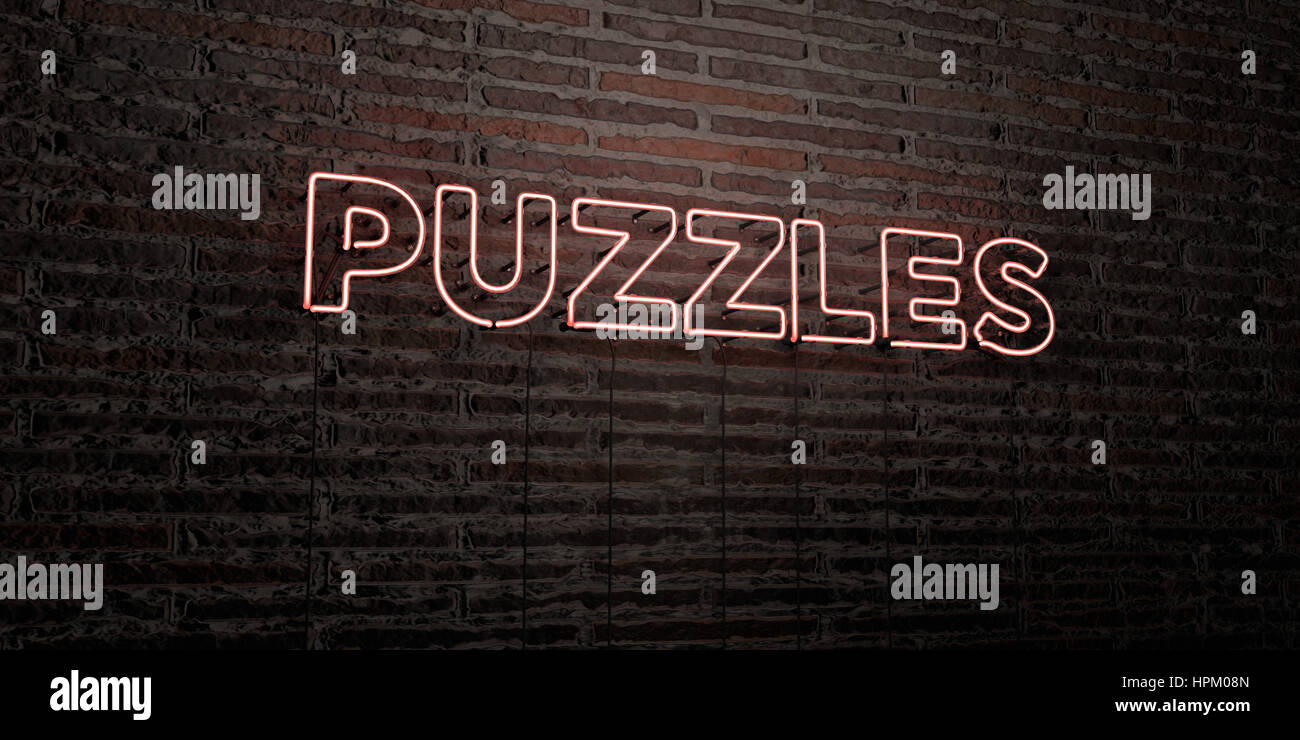 PUZZLES -Realistic Neon Sign on Brick Wall background - 3D rendered ...