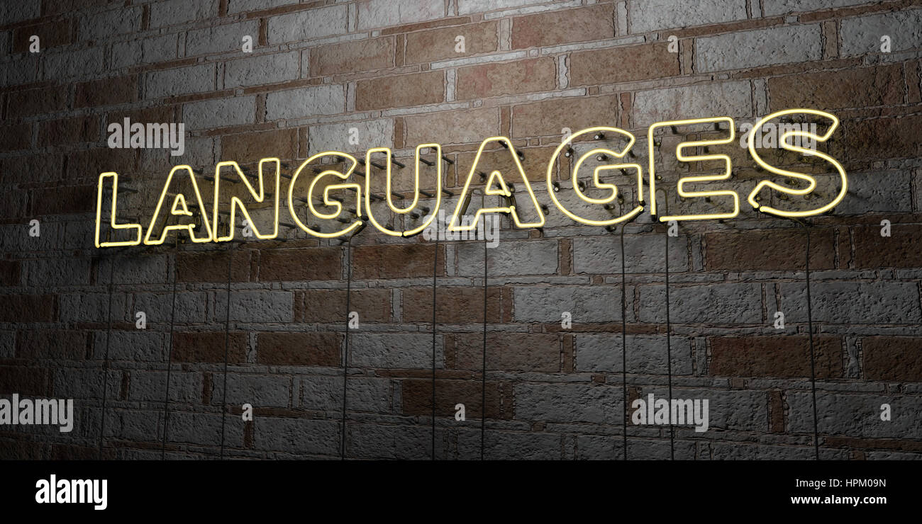 LANGUAGES - Glowing Neon Sign on stonework wall - 3D rendered royalty ...