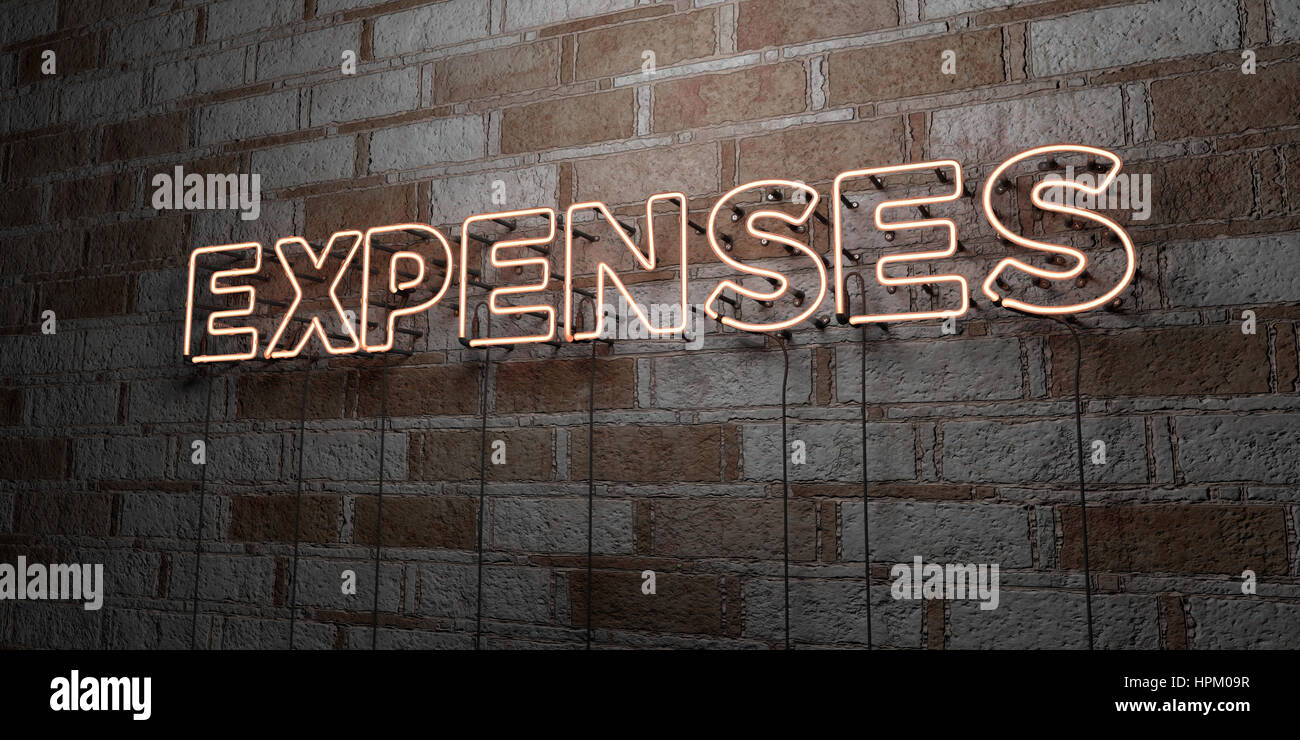 EXPENSES - Glowing Neon Sign on stonework wall - 3D rendered royalty ...