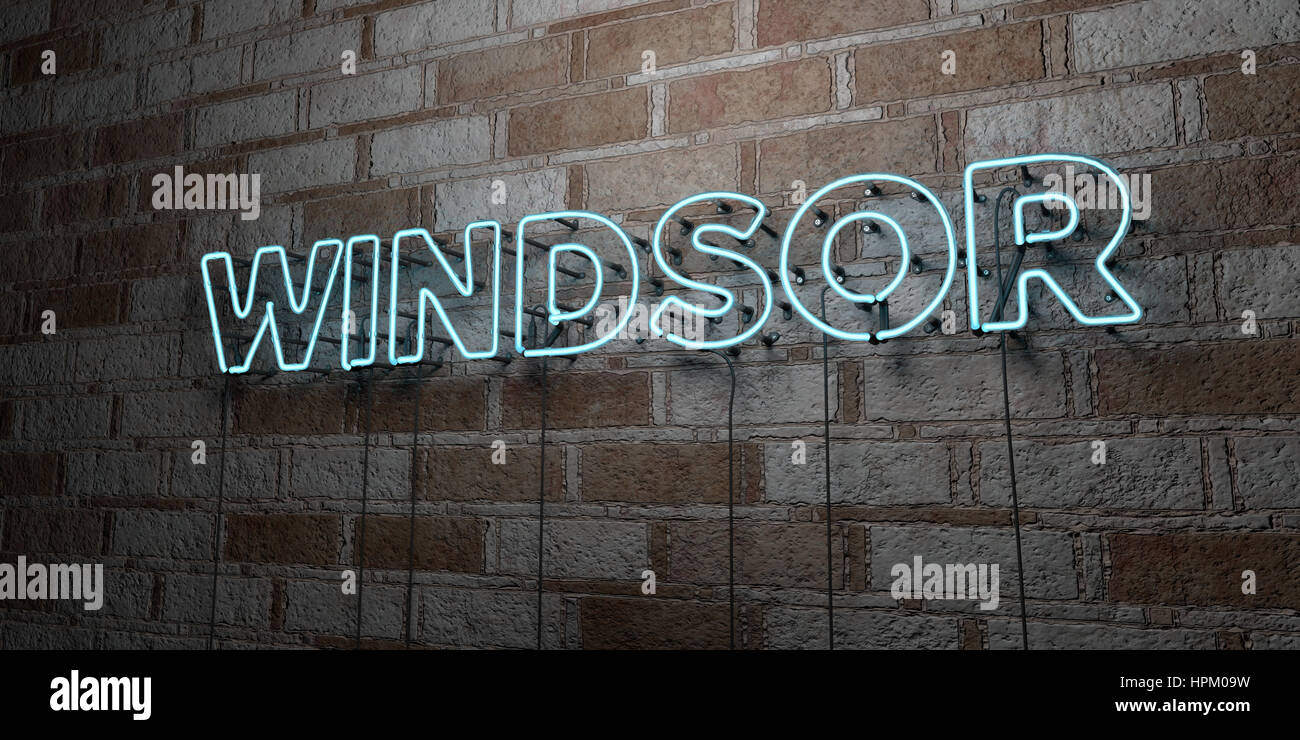 WINDSOR - Glowing Neon Sign on stonework wall - 3D rendered royalty ...