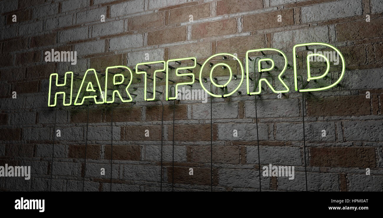 HARTFORD - Glowing Neon Sign on stonework wall - 3D rendered royalty ...