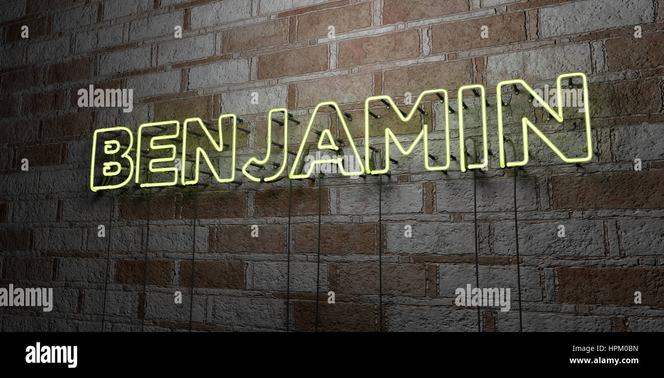 BENJAMIN - Glowing Neon Sign on stonework wall - 3D rendered royalty ...