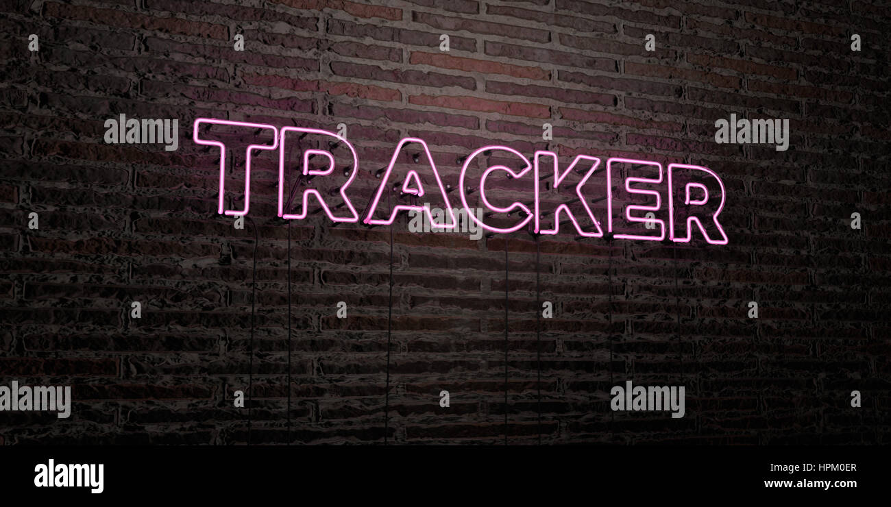 TRACKER -Realistic Neon Sign on Brick Wall background - 3D rendered ...