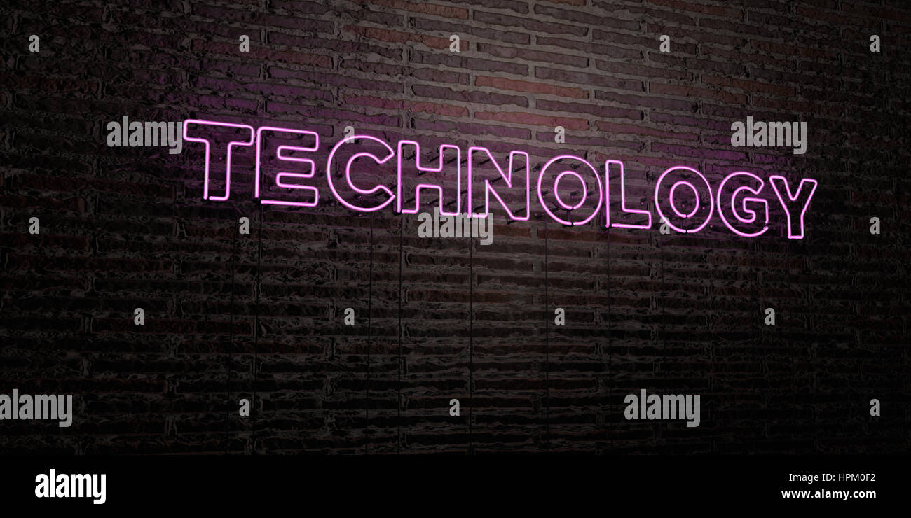 TECHNOLOGY -Realistic Neon Sign on Brick Wall background - 3D rendered ...