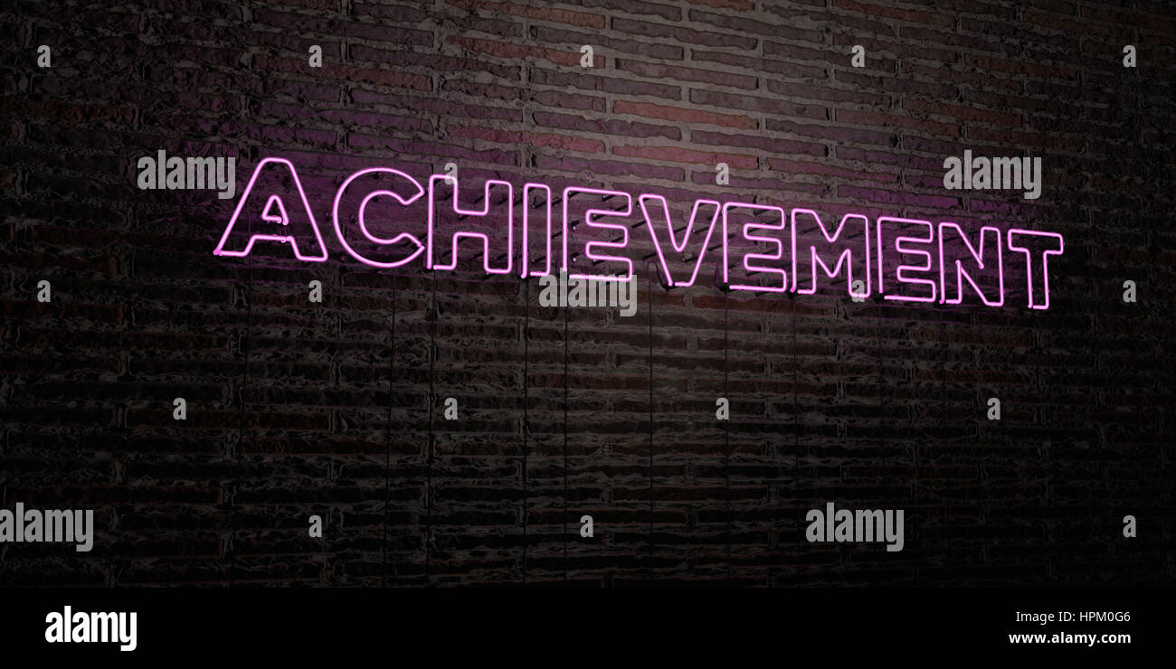 ACHIEVEMENT -Realistic Neon Sign on Brick Wall background - 3D rendered ...