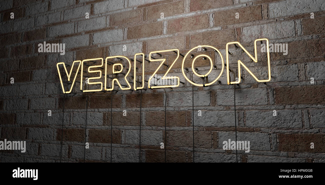 VERIZON - Glowing Neon Sign on stonework wall - 3D rendered royalty ...