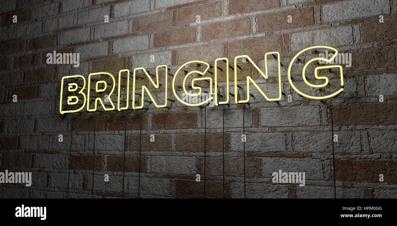 BRINGING - Glowing Neon Sign on stonework wall - 3D rendered royalty ...