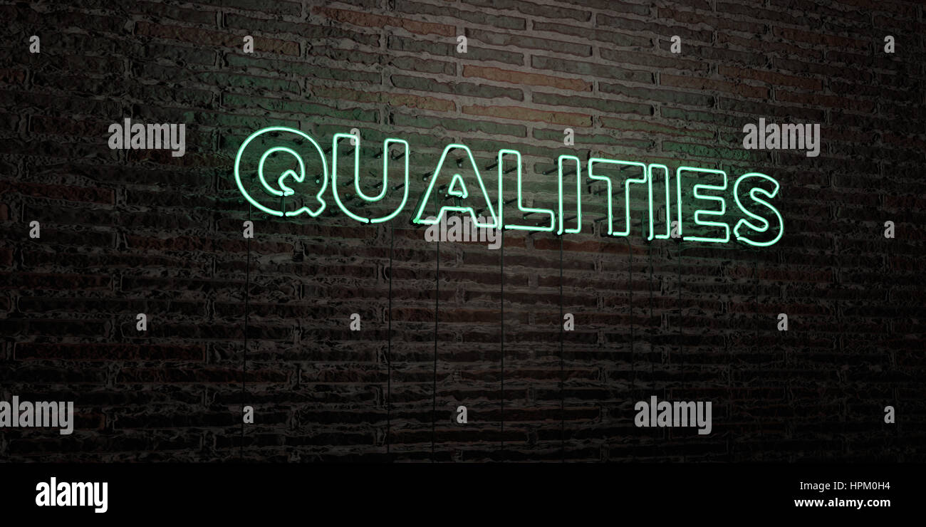 QUALITIES -Realistic Neon Sign on Brick Wall background - 3D rendered ...