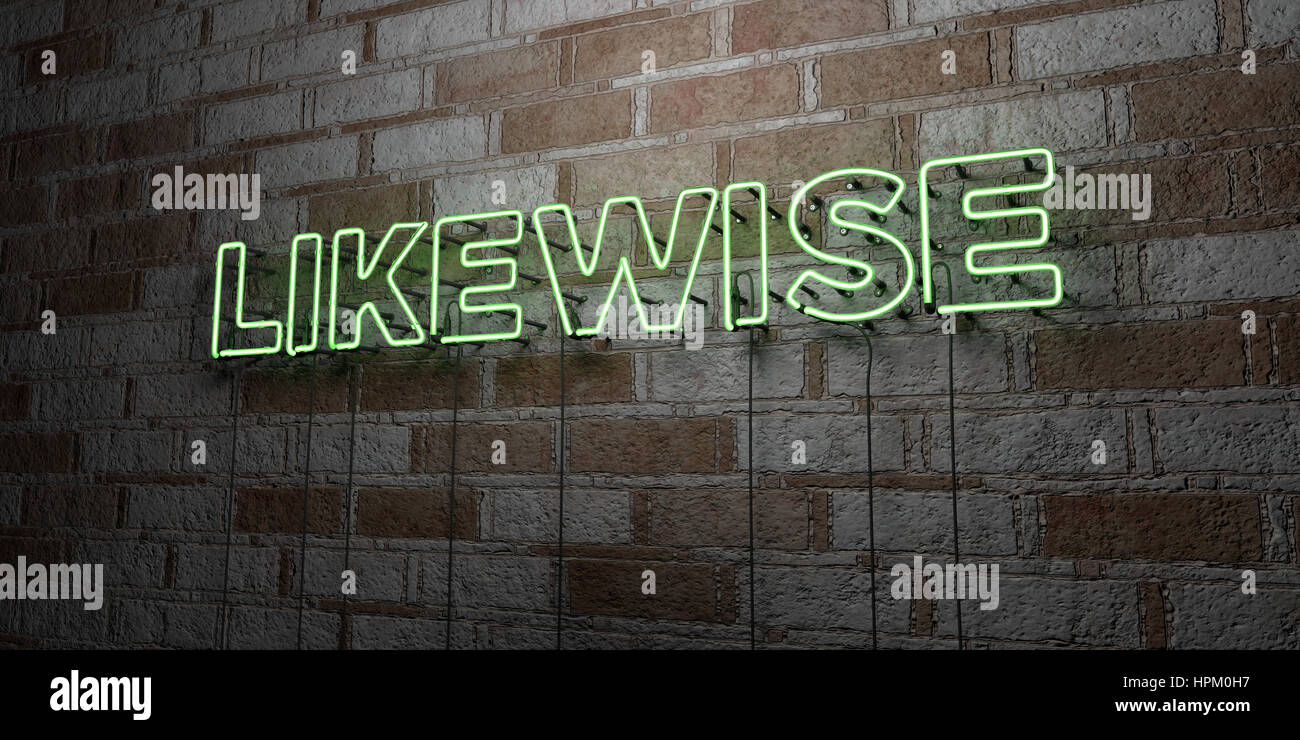 LIKEWISE - Glowing Neon Sign on stonework wall - 3D rendered royalty ...