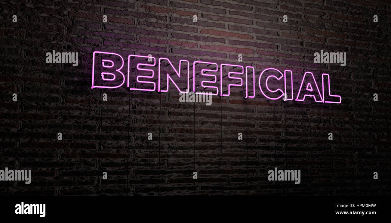 BENEFICIAL -Realistic Neon Sign on Brick Wall background - 3D rendered ...