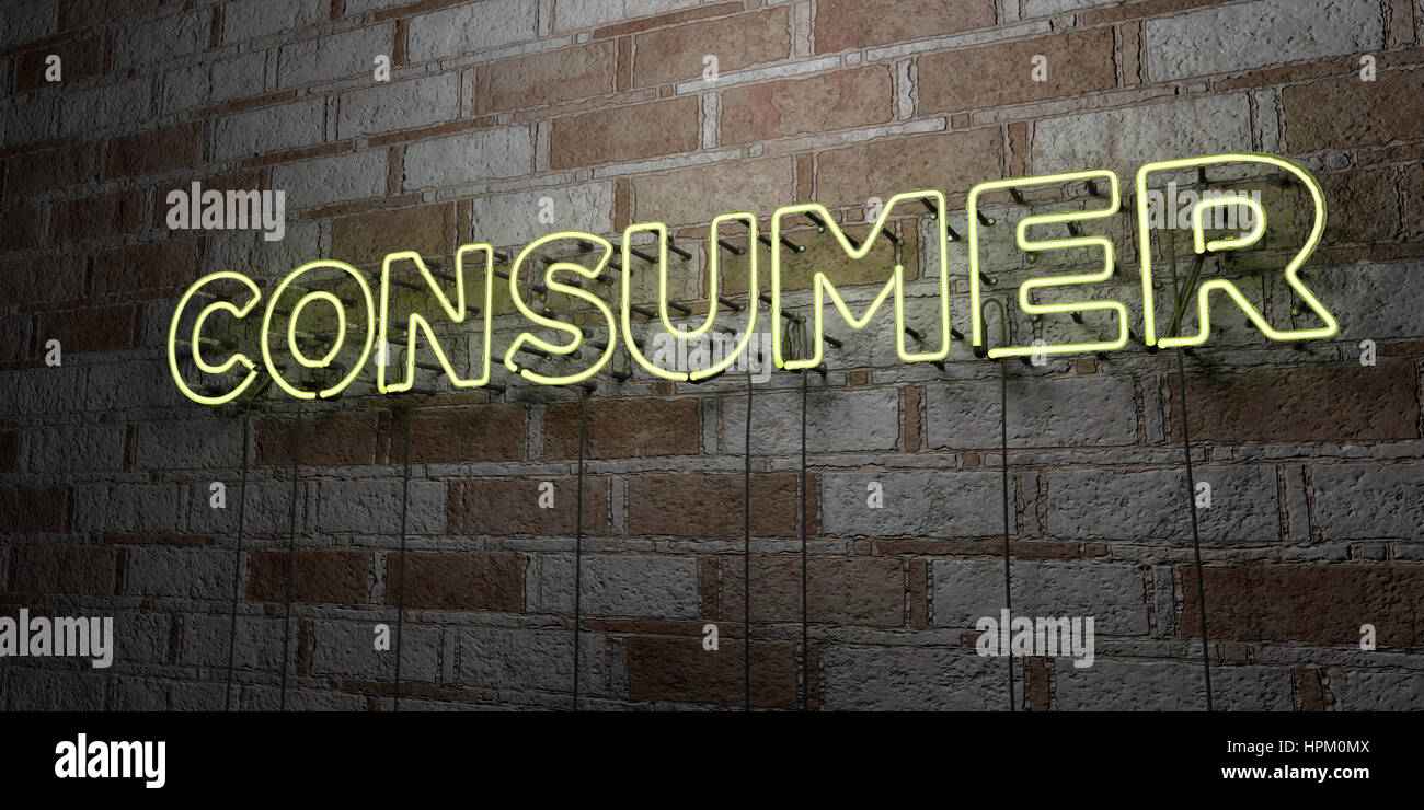 CONSUMER - Glowing Neon Sign on stonework wall - 3D rendered royalty ...