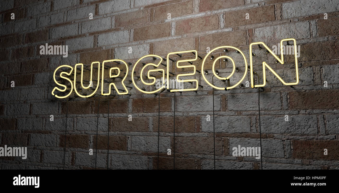 SURGEON - Glowing Neon Sign on stonework wall - 3D rendered royalty ...