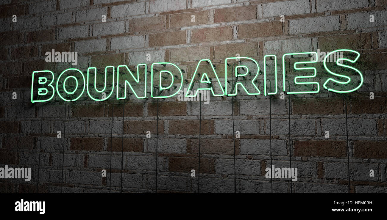 BOUNDARIES - Glowing Neon Sign on stonework wall - 3D rendered royalty ...