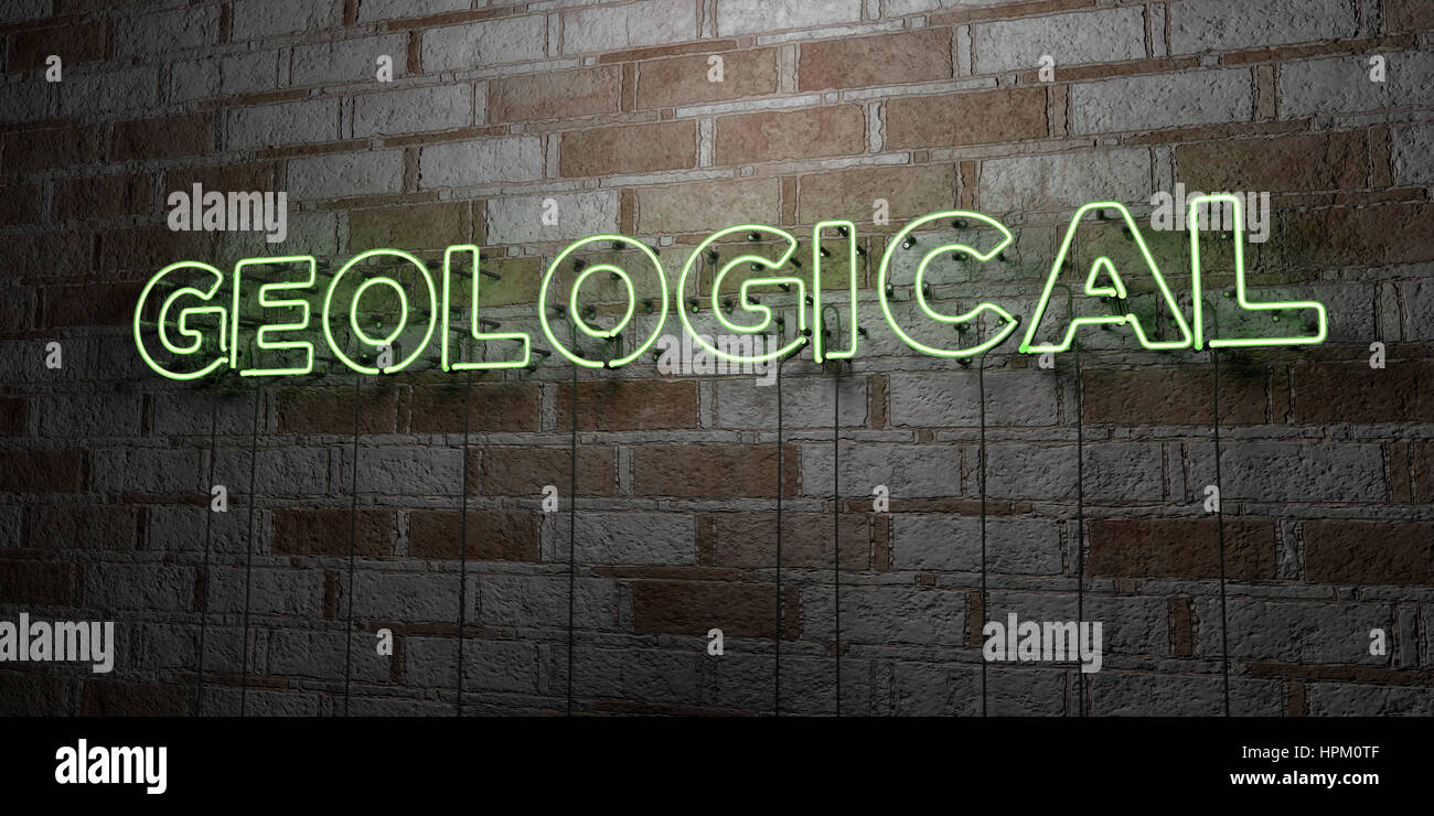 GEOLOGICAL - Glowing Neon Sign on stonework wall - 3D rendered royalty ...