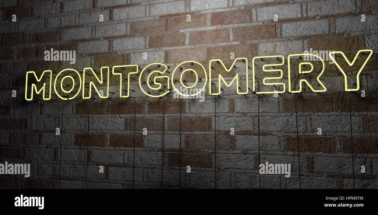 MONTGOMERY - Glowing Neon Sign on stonework wall - 3D rendered royalty ...