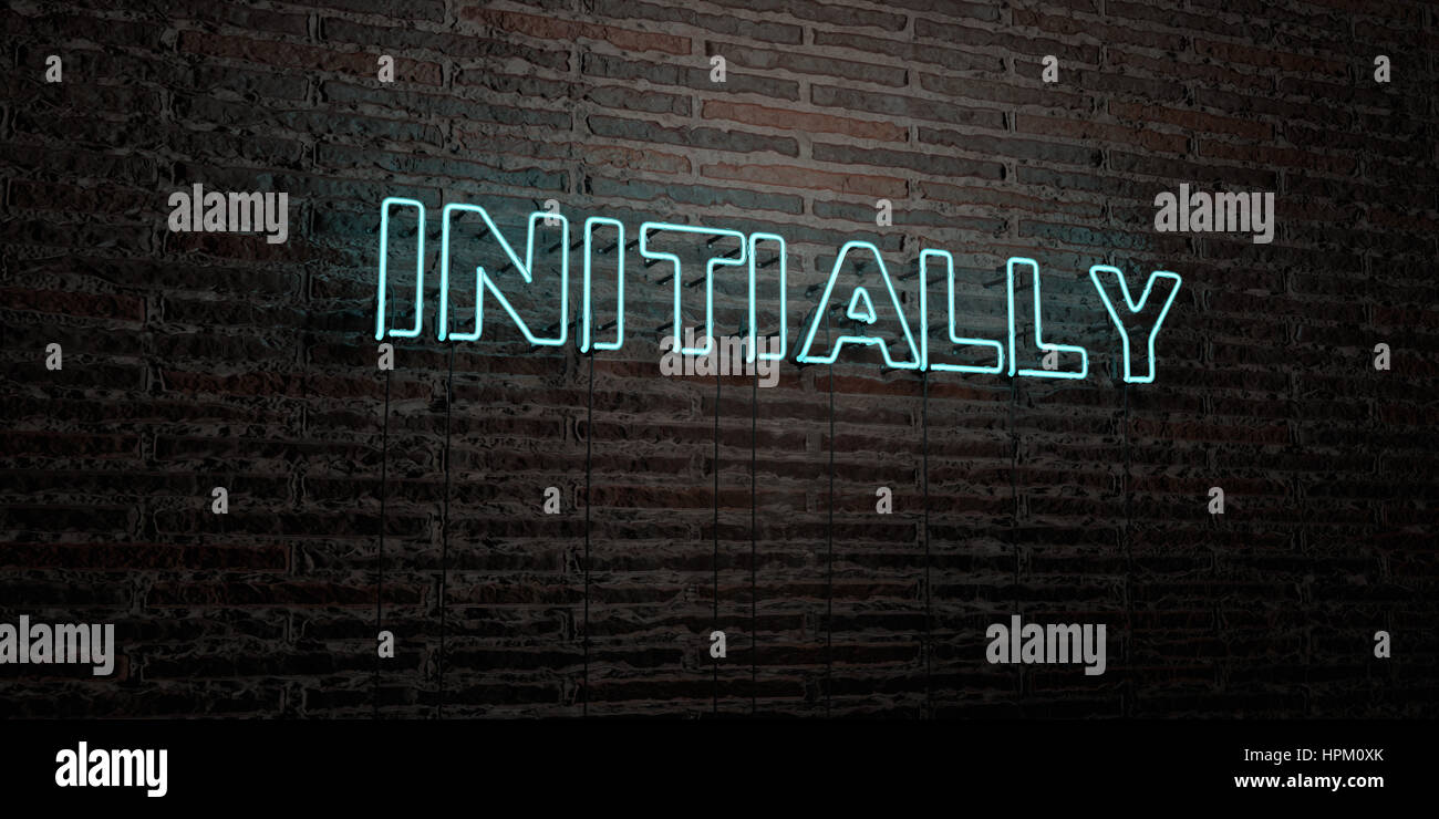 INITIALLY -Realistic Neon Sign on Brick Wall background - 3D rendered ...