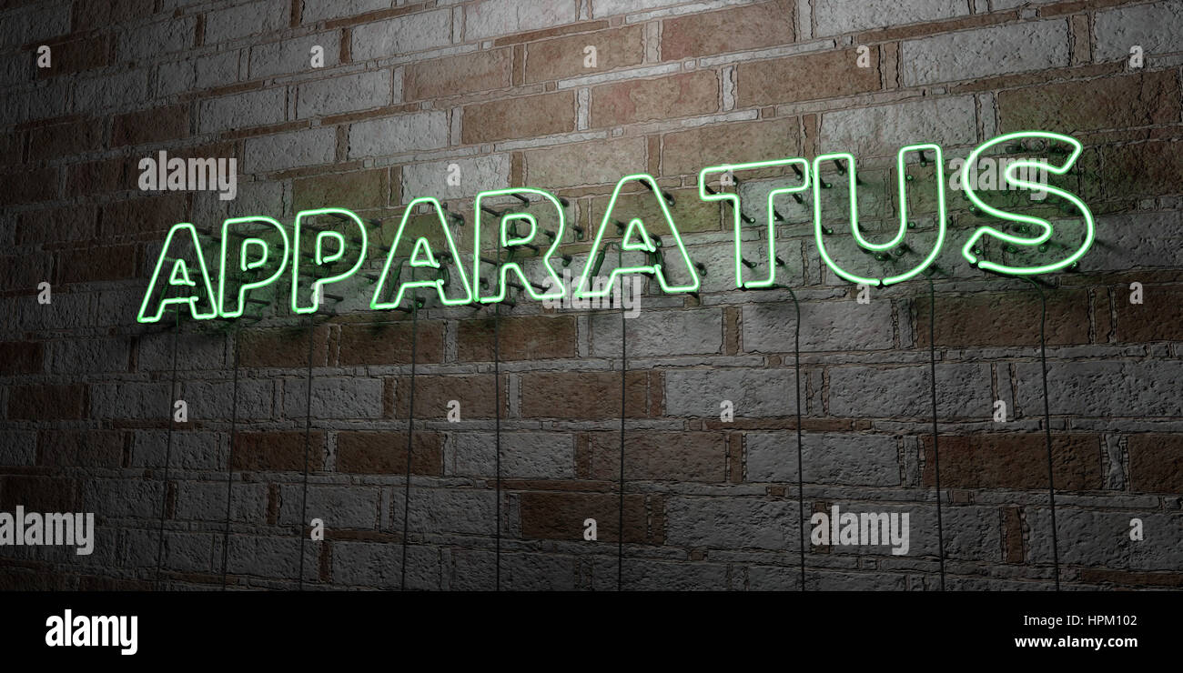 APPARATUS - Glowing Neon Sign on stonework wall - 3D rendered royalty ...
