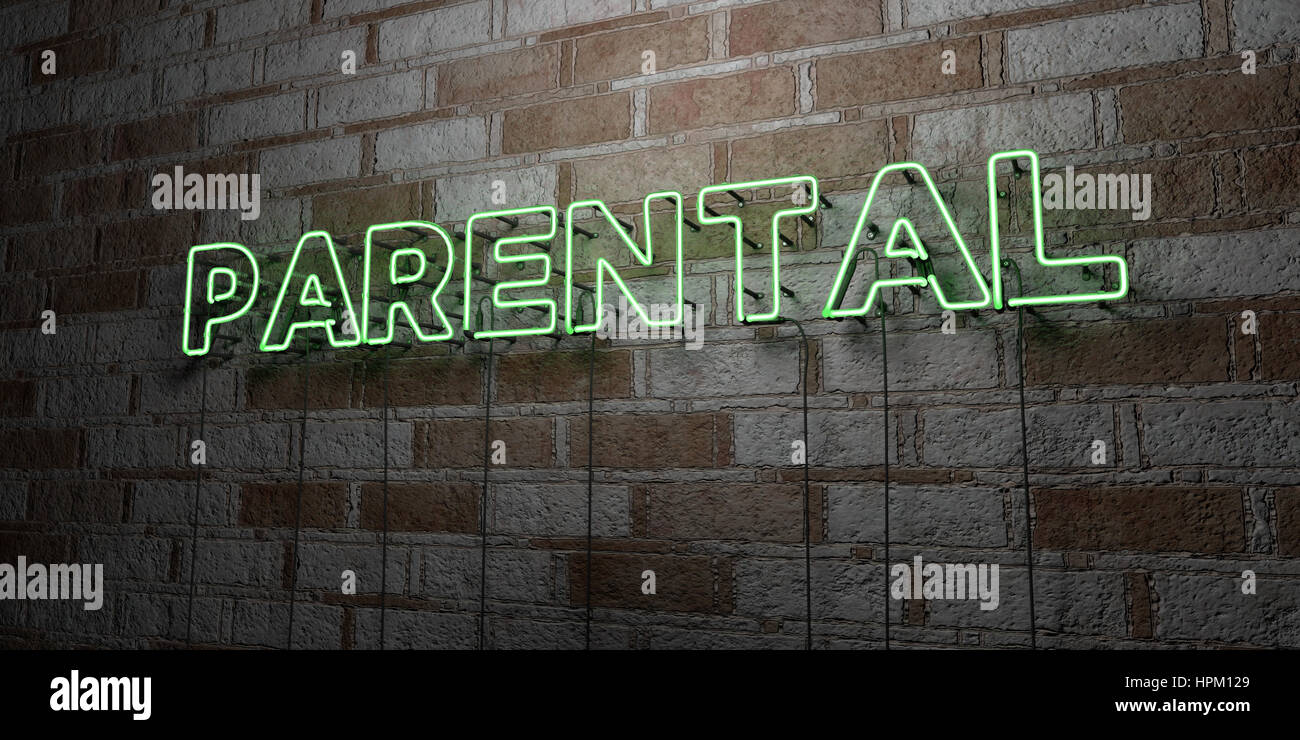 PARENTAL - Glowing Neon Sign on stonework wall - 3D rendered royalty ...