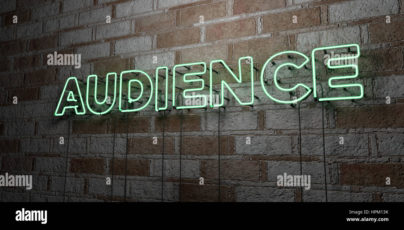 AUDIENCE - Glowing Neon Sign on stonework wall - 3D rendered royalty ...