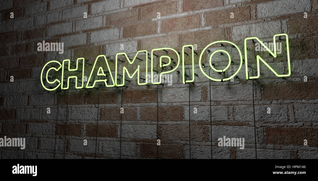 CHAMPION - Glowing Neon Sign on stonework wall - 3D rendered royalty ...