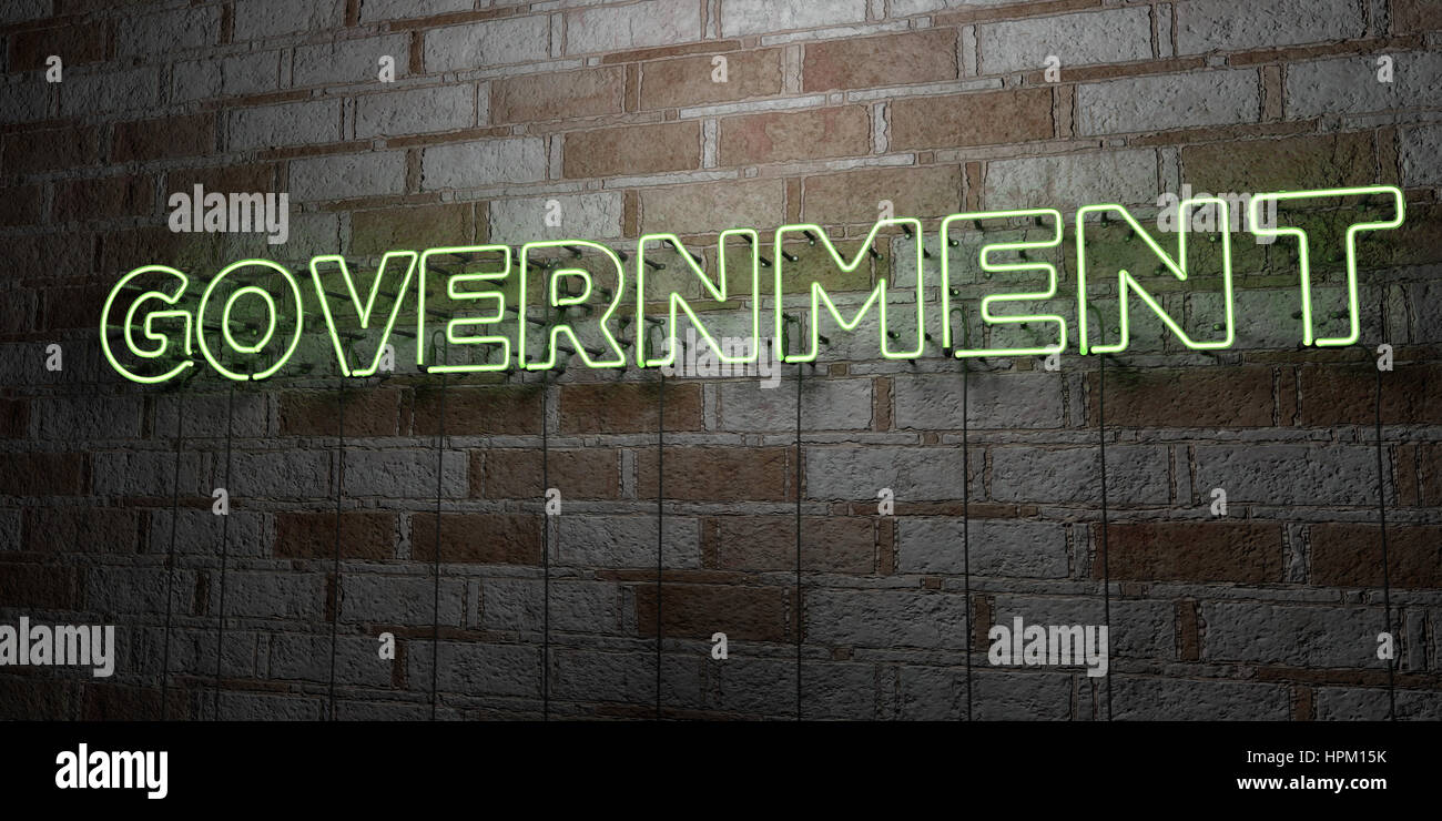 GOVERNMENT - Glowing Neon Sign on stonework wall - 3D rendered royalty ...