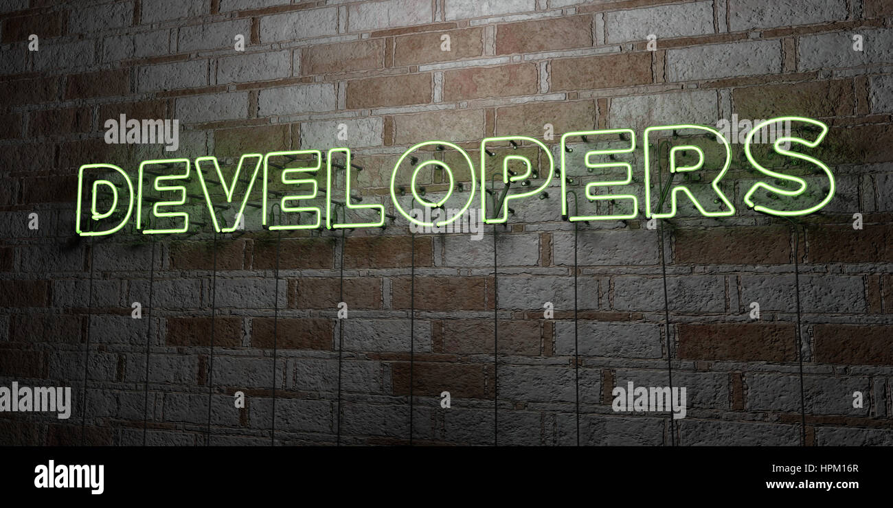 DEVELOPERS - Glowing Neon Sign on stonework wall - 3D rendered royalty ...