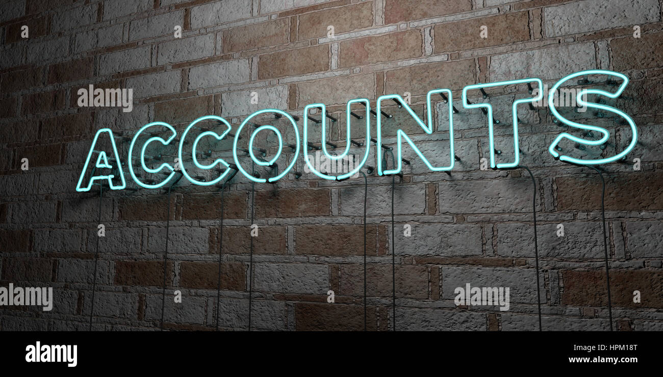 ACCOUNTS - Glowing Neon Sign on stonework wall - 3D rendered royalty ...