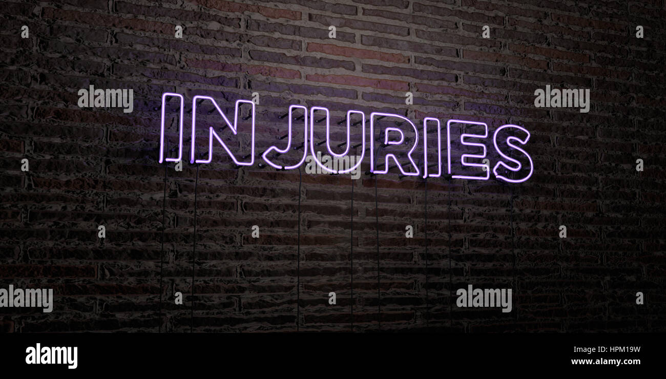 INJURIES -Realistic Neon Sign on Brick Wall background - 3D rendered ...