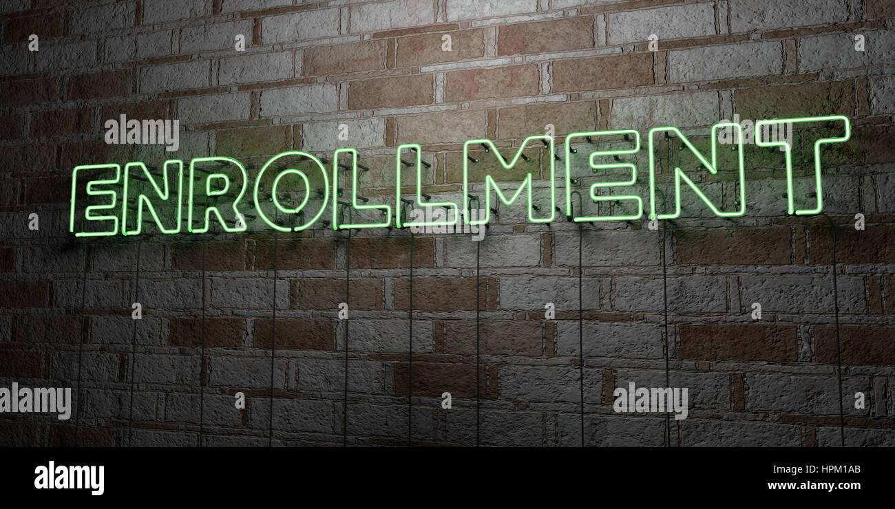 ENROLLMENT - Glowing Neon Sign on stonework wall - 3D rendered royalty ...