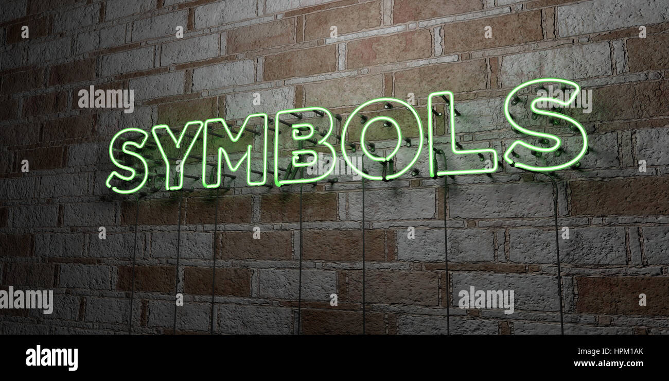 SYMBOLS - Glowing Neon Sign on stonework wall - 3D rendered royalty ...