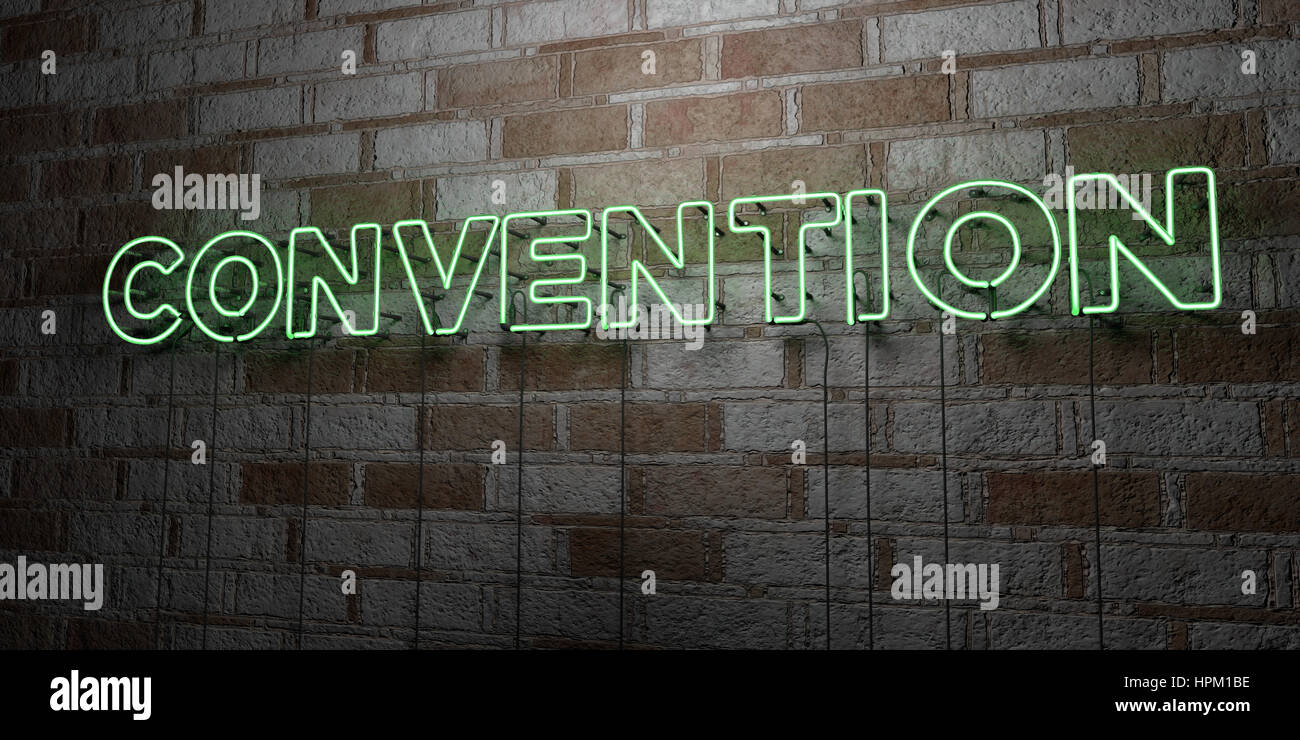 CONVENTION - Glowing Neon Sign on stonework wall - 3D rendered royalty ...