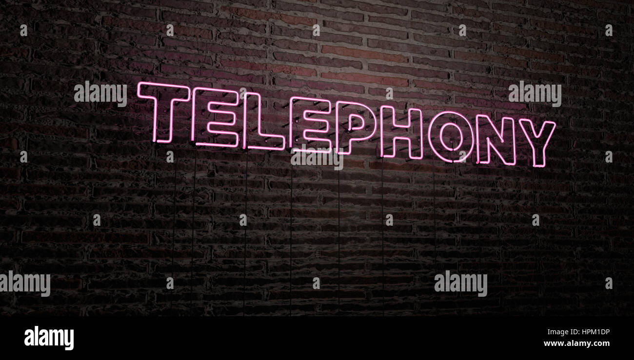 TELEPHONY -Realistic Neon Sign on Brick Wall background - 3D rendered ...