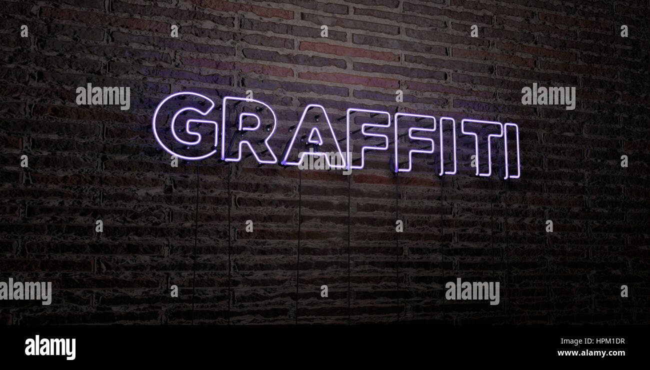 GRAFFITI -Realistic Neon Sign on Brick Wall background - 3D rendered ...