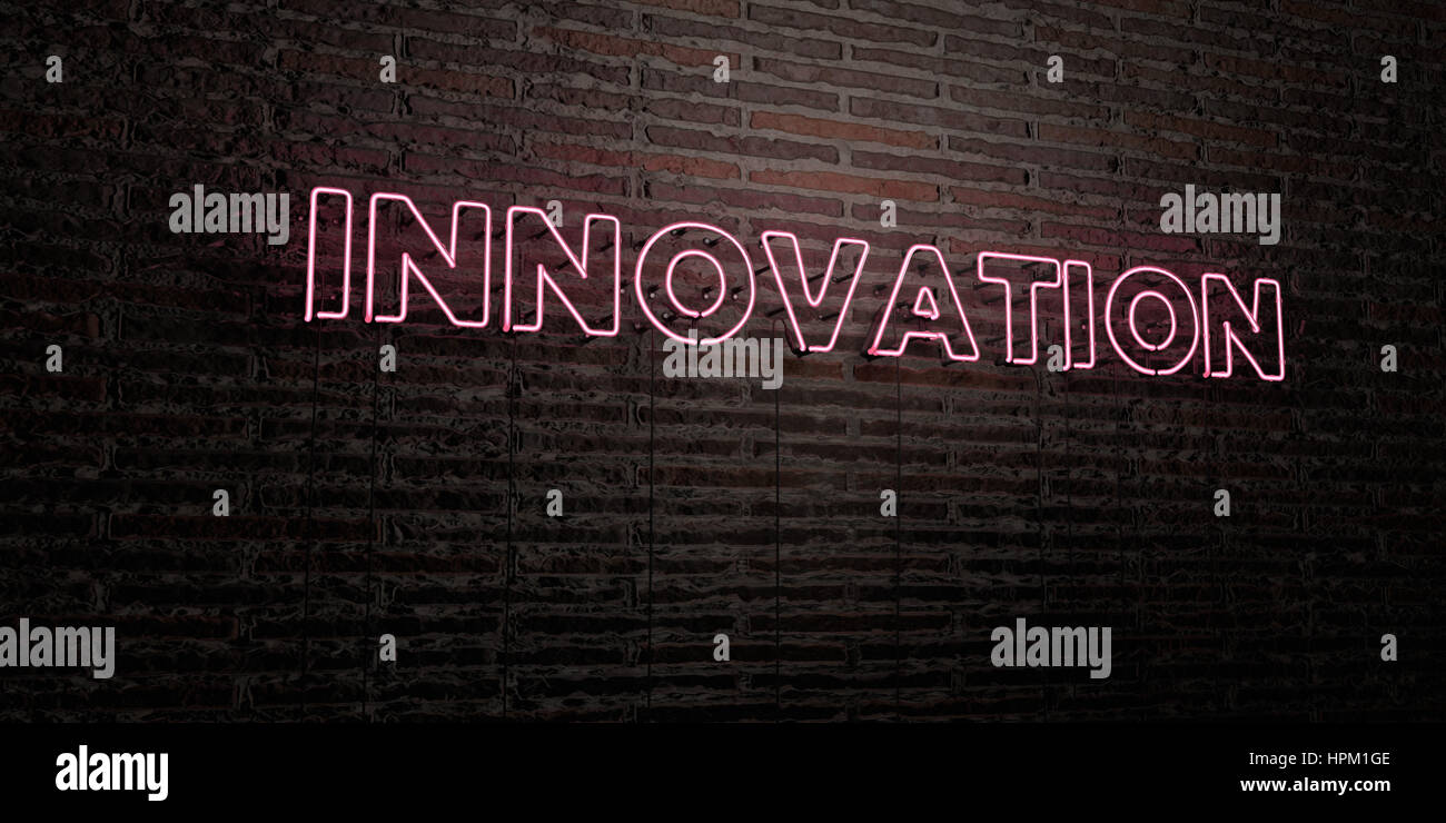 INNOVATION -Realistic Neon Sign on Brick Wall background - 3D rendered ...