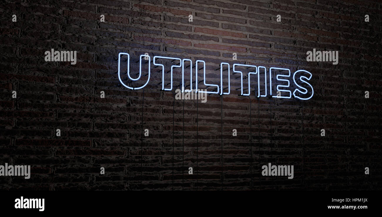 UTILITIES -Realistic Neon Sign on Brick Wall background - 3D rendered ...