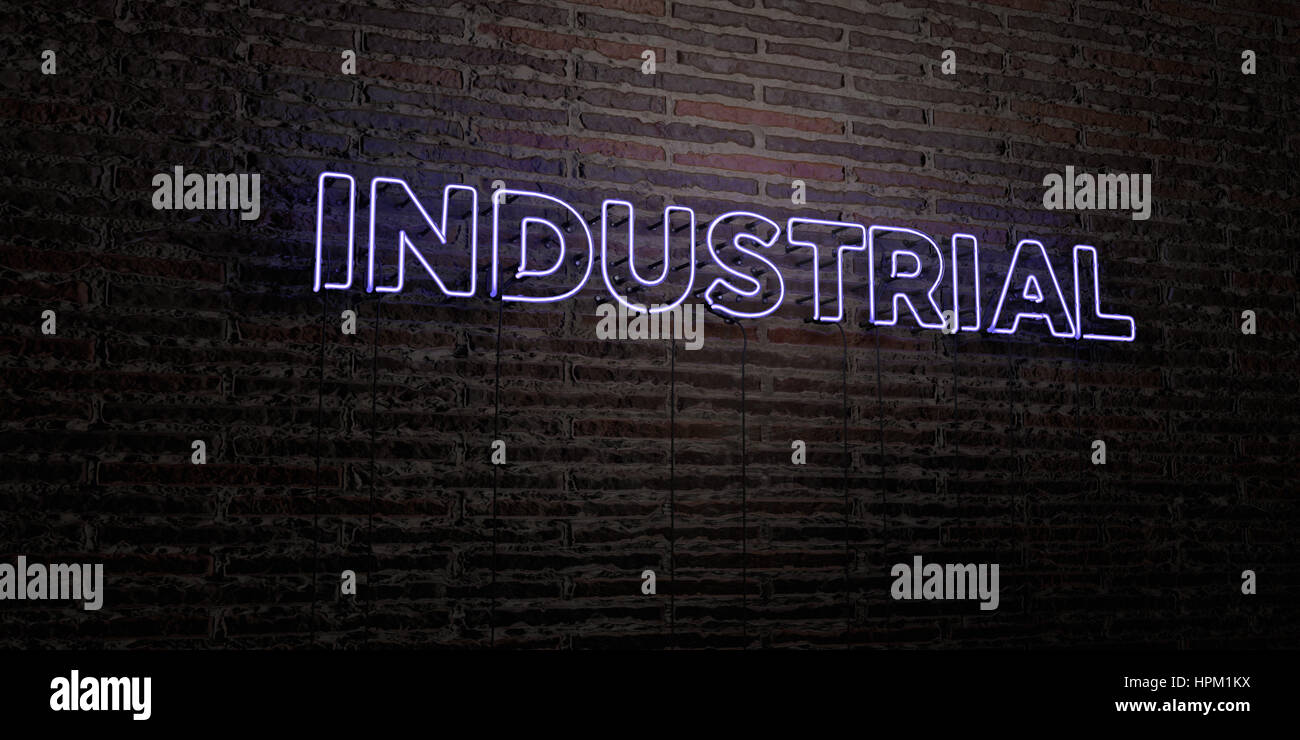 INDUSTRIAL -Realistic Neon Sign on Brick Wall background - 3D rendered ...