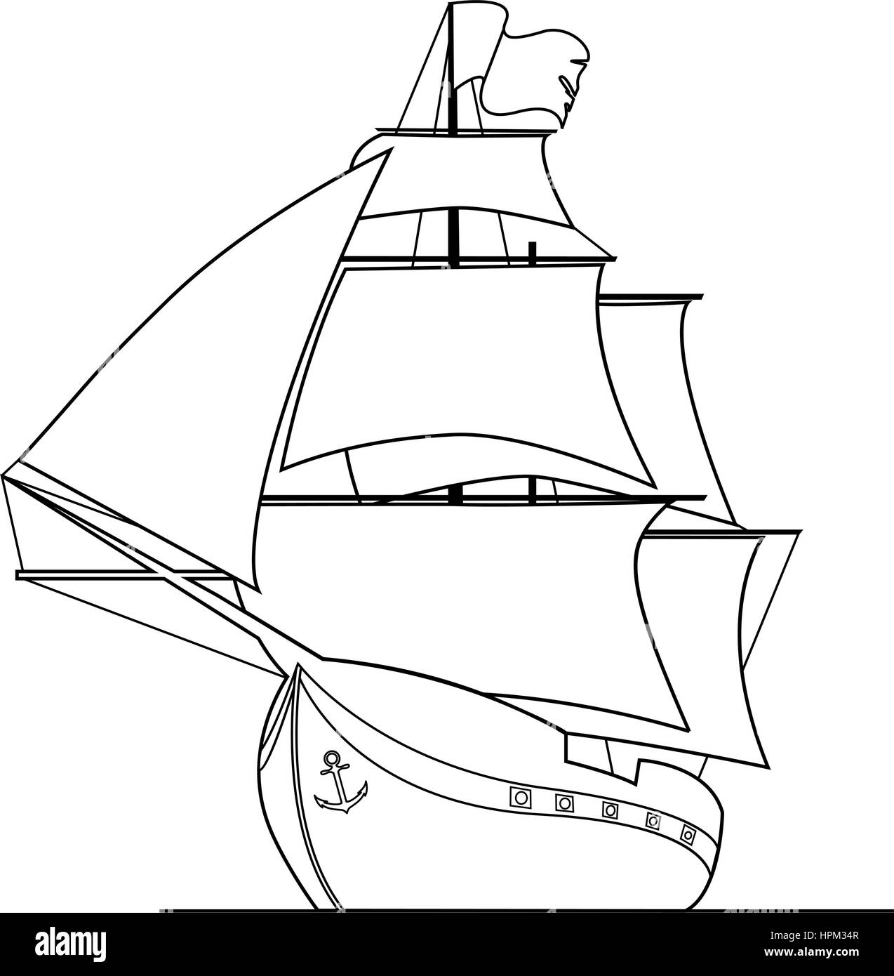 Contour image of ship isolated on white background. Horizontal ...