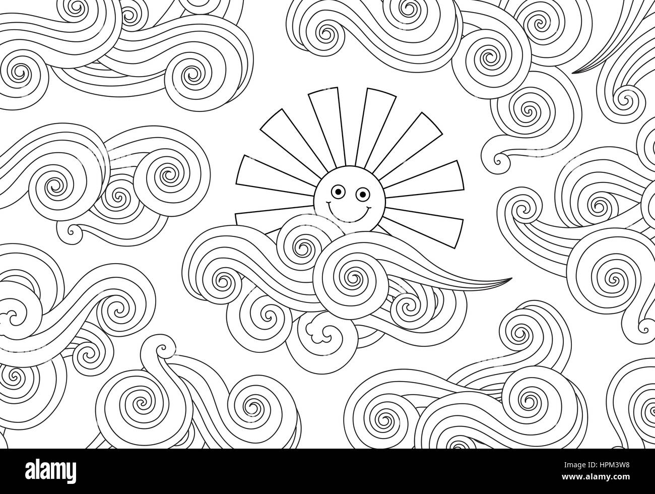 Contour image of smiling sun and clouds doodle style. Horizontal ...