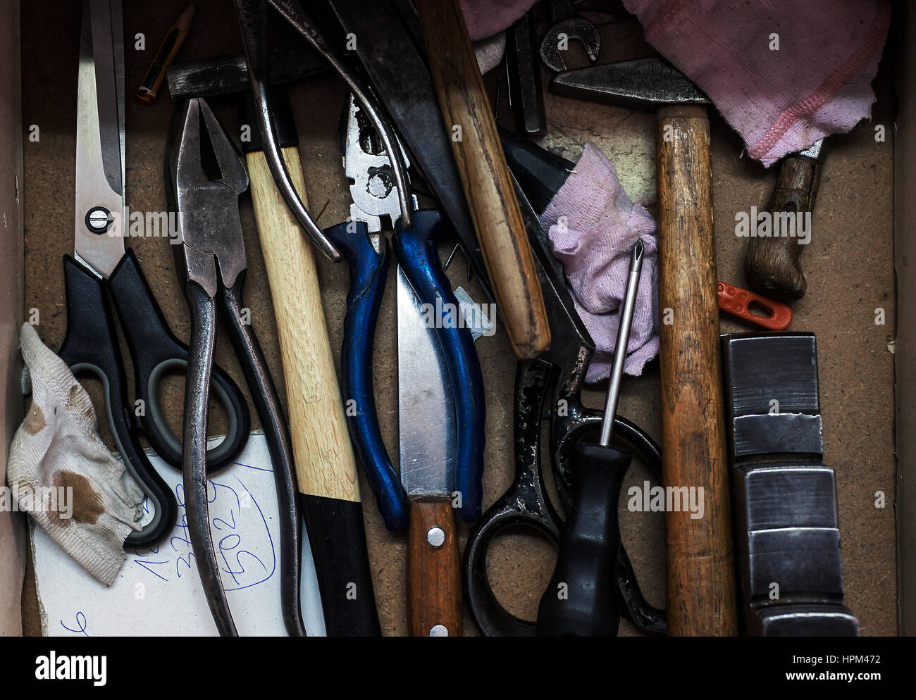 Closeup view of craftsman's drawers, various tools details Stock Photo ...