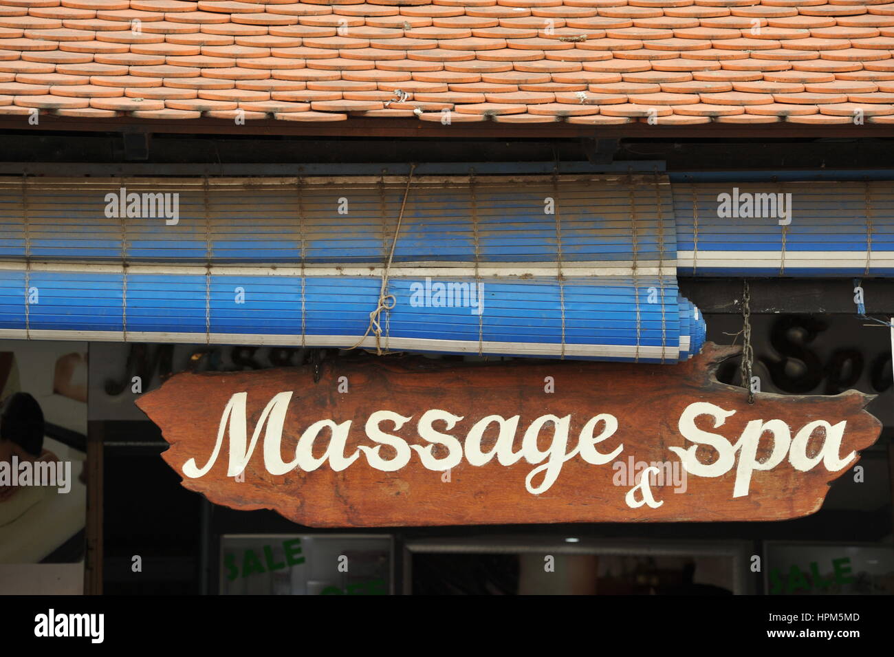 Hand painted "Massage & Spa" sign & tiled roof, Phnom Penh, Cambodia ...