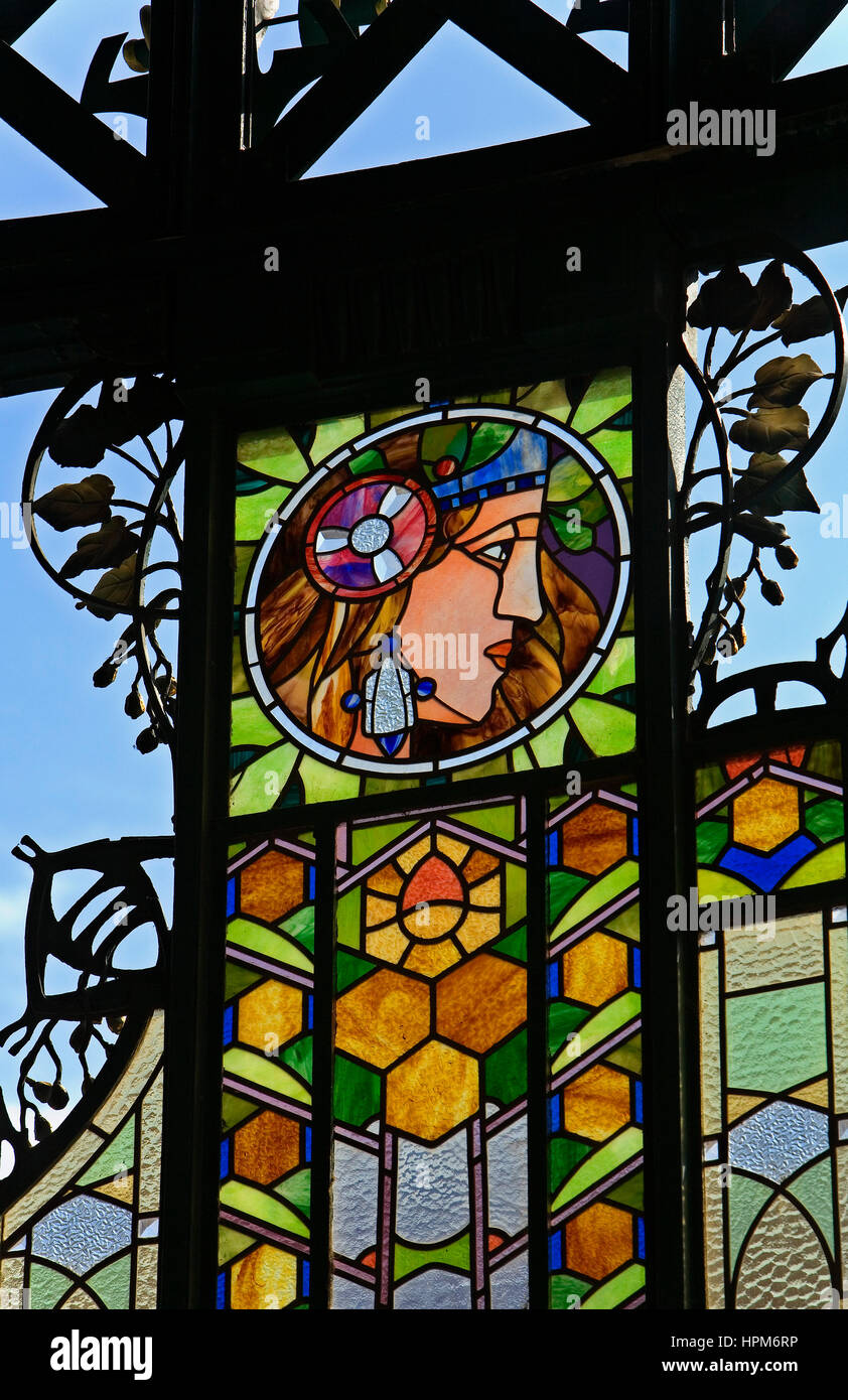 Detail of Stained glass in the main gate of The Municipal house.Prague ...
