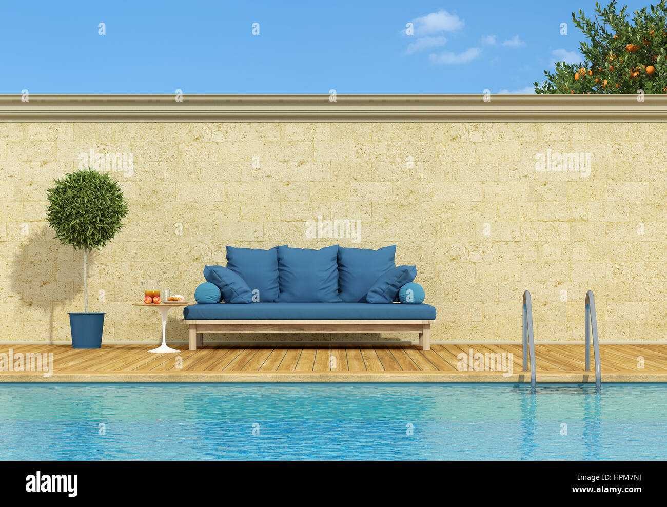 Swimming pool with blue sofa poolside in a sunny day - 3d rendering ...