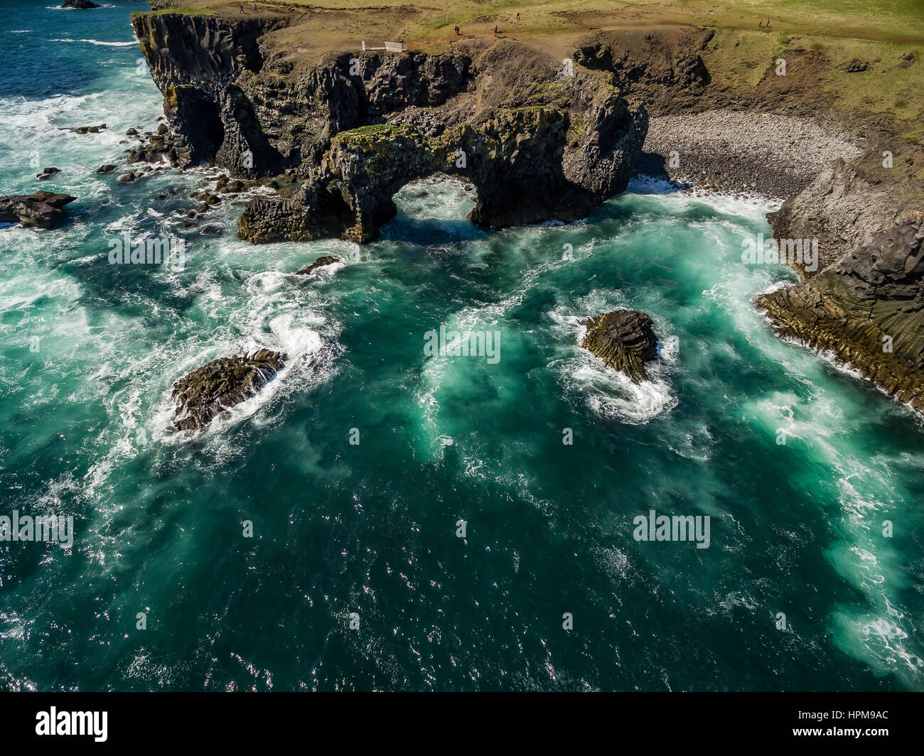 Aerial view of the coastline at Arnarstapi, Snaefellsnes Peninsula ...