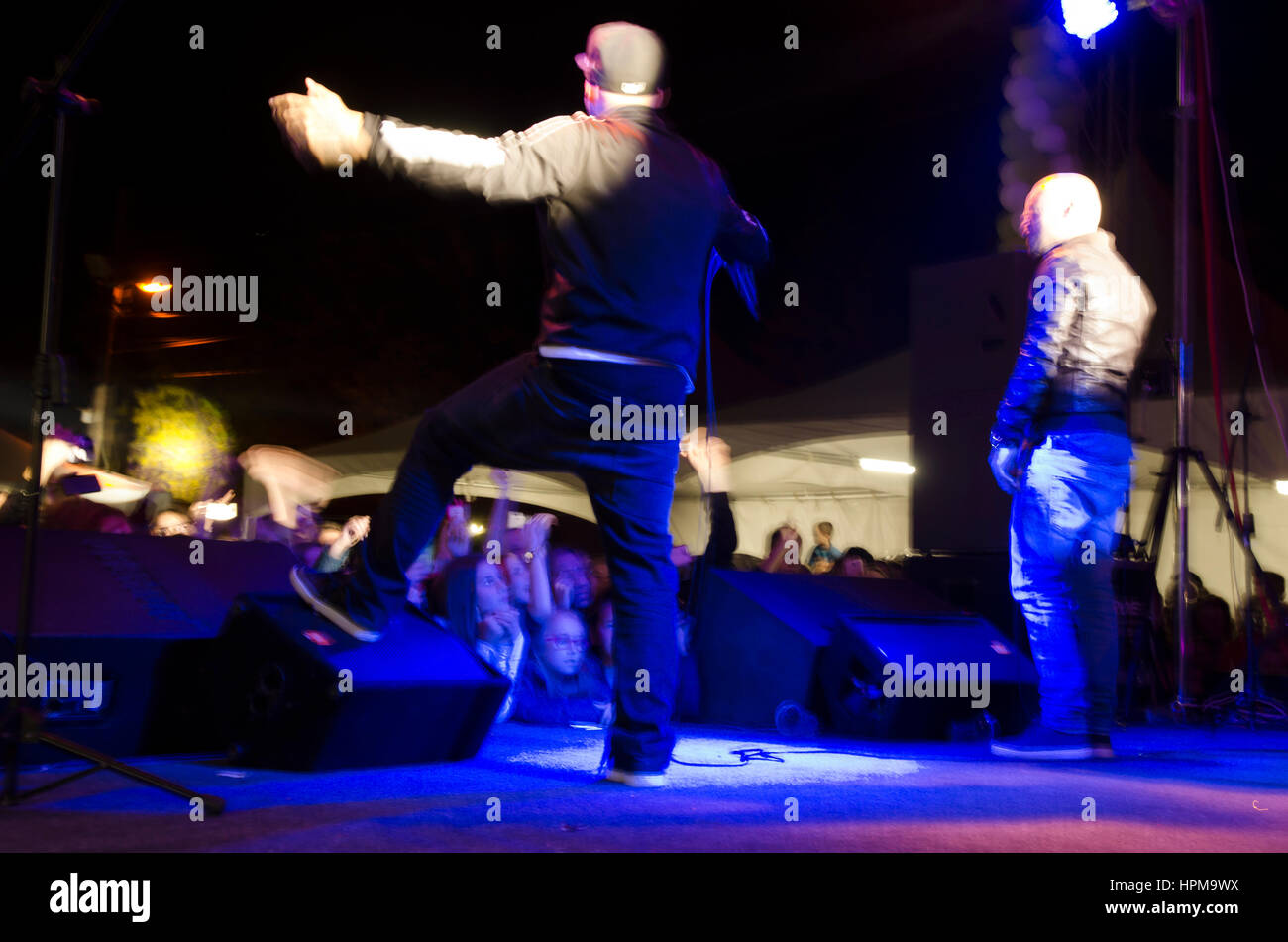 Macedonian music duo DNK performing on stage in Veles, R. Macedonia ...