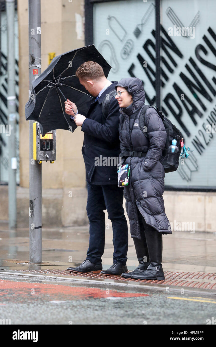 Storm Doris hits commuters in Manchester with heavy rain and wind Stock ...