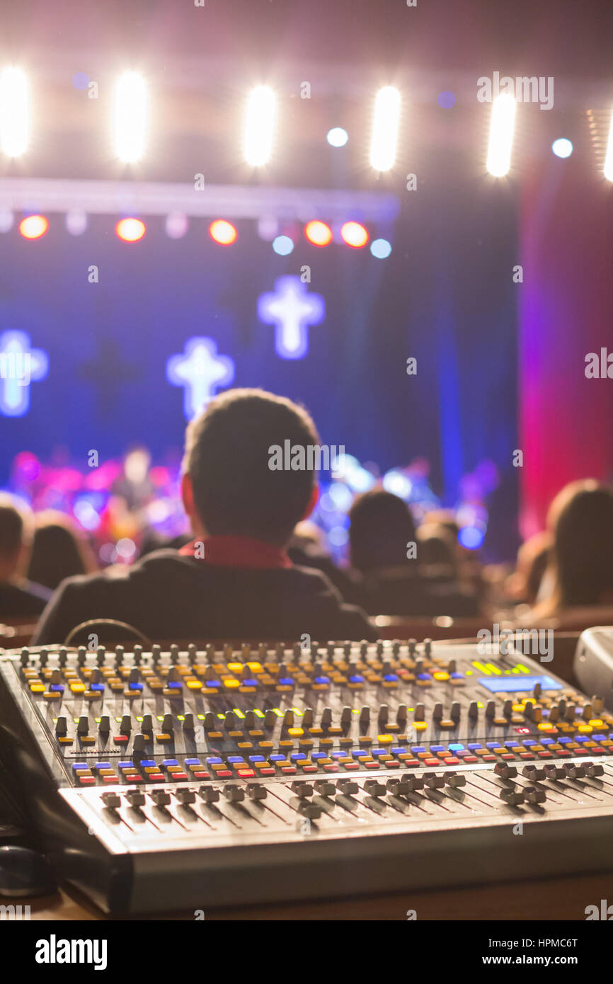 Work place sound engineer's in concert hall. Mixing console Stock Photo ...
