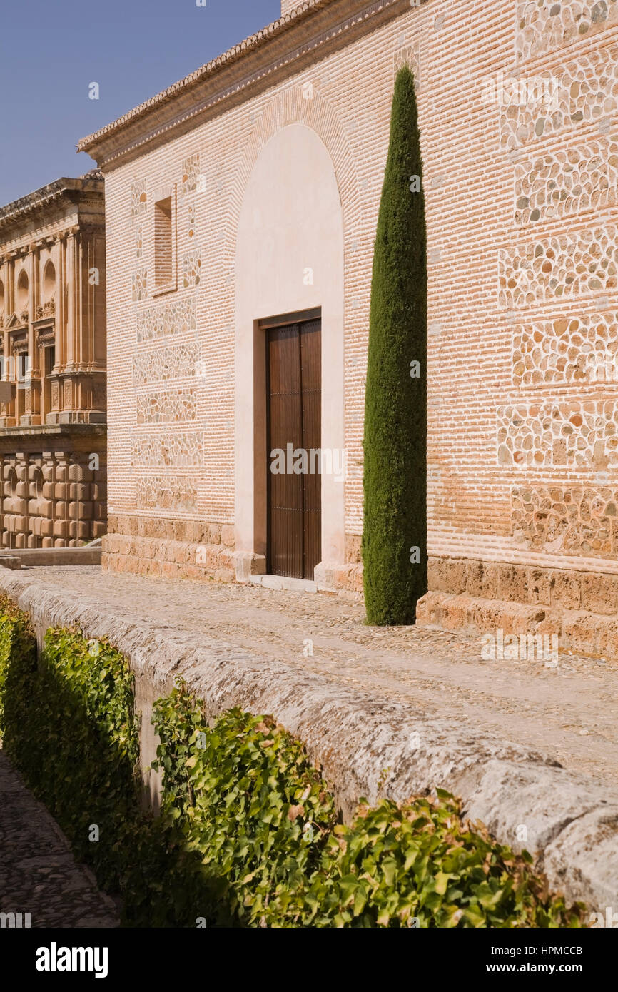 Stone and brick buildings at Alhambra palace grounds, Granada, Spain ...