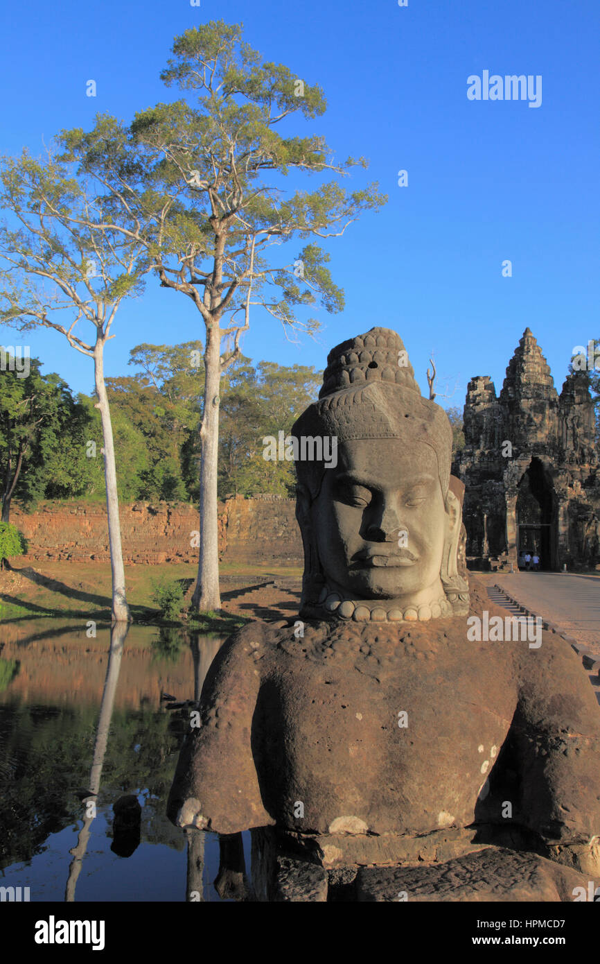 Cambodia, Angkor, Angkor Thom, South Gate, statues, trees Stock Photo ...