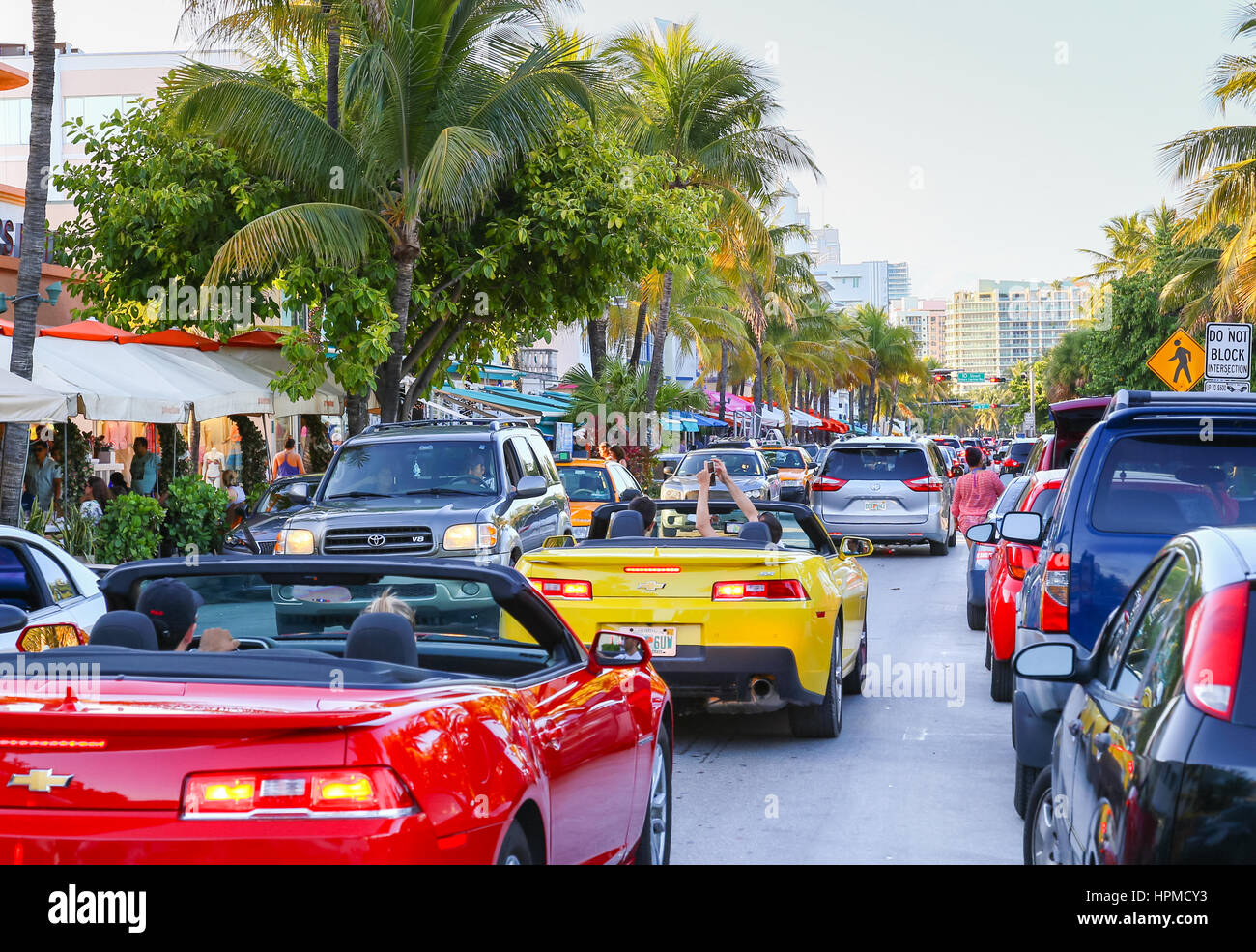 Miami Beach, USA - May 9, 2015: The Ocean Drive crowded with cars and ...