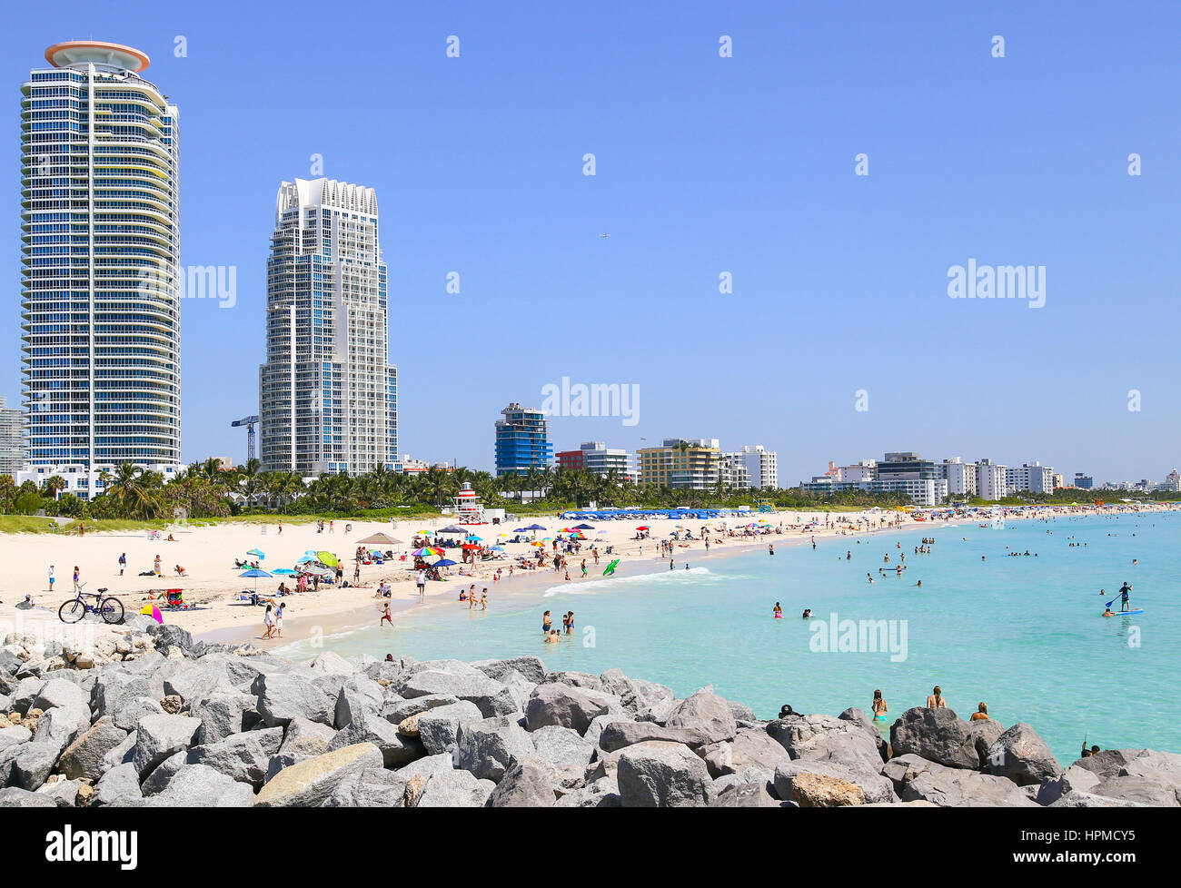 MIami Beach, USA - May 9, 2015: Scene of the crowded beach. People ...